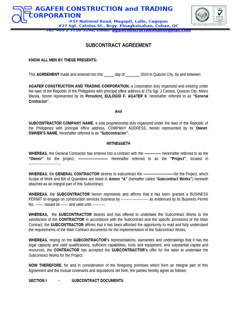 Subcontract Agreement FORMAT | PDF | Subcontractor | Employment