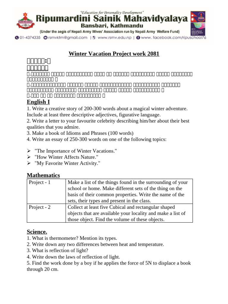 Winter Vacation Project Work 2081 - 7 | PDF