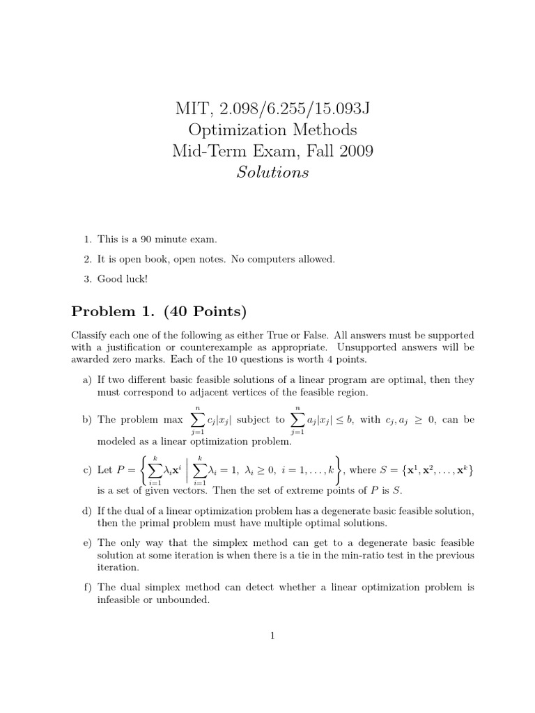 MIT Optimization Methods Exam Solutions | PDF | Linear Programming ...