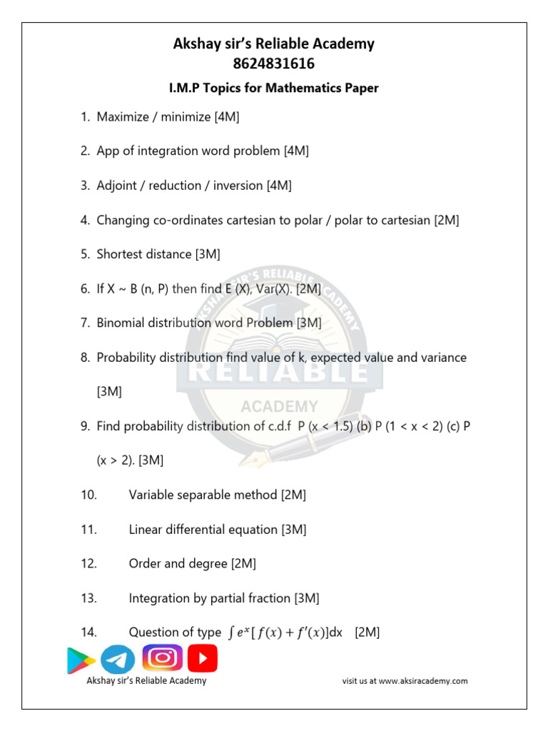IMP Topics of Mathematics For Class 12 TH | PDF