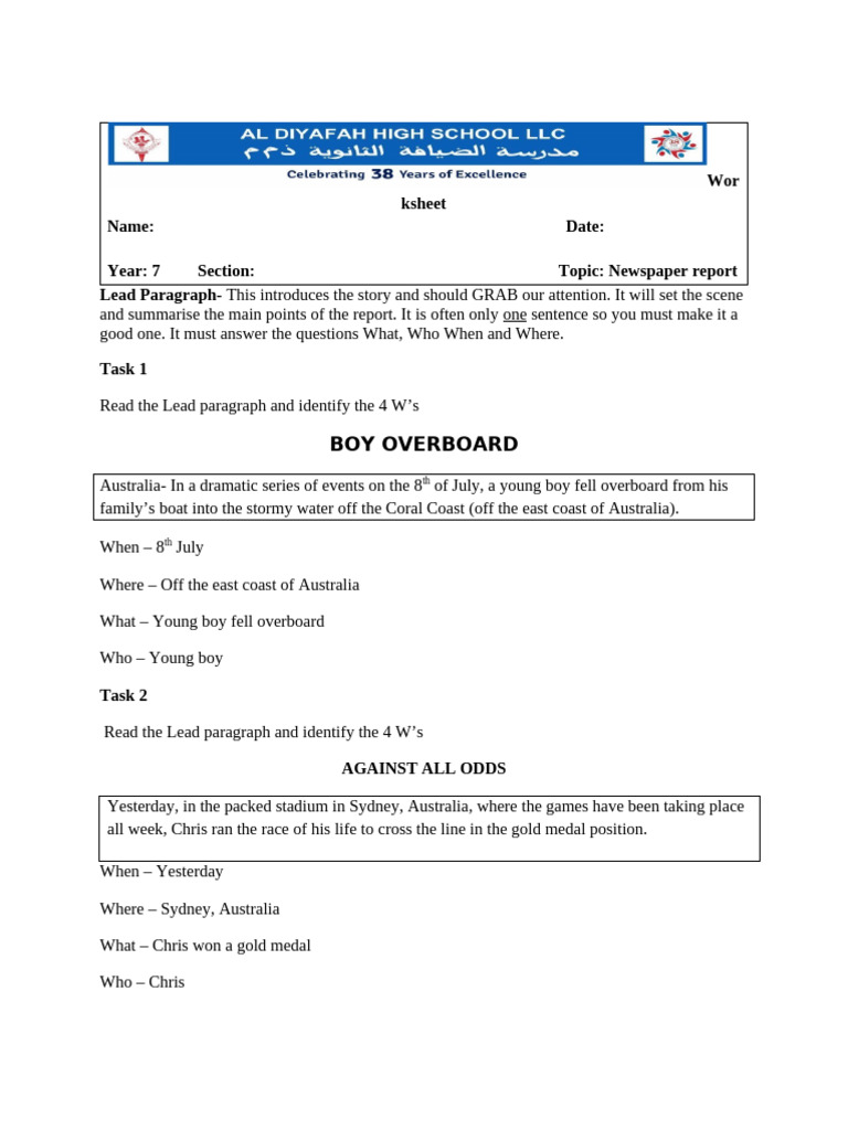 Newspaper Report Writing Guide | PDF