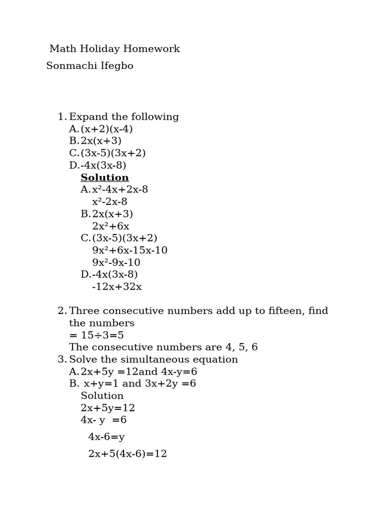 Math Holiday Homework | PDF