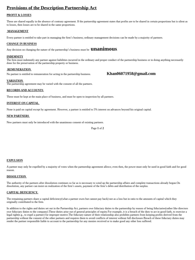 Provisions of The Description Partnership Act | PDF | Partnership ...