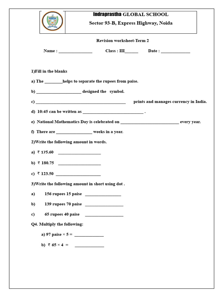 Grade 3 Revision Worksheet Term 2 1 | PDF