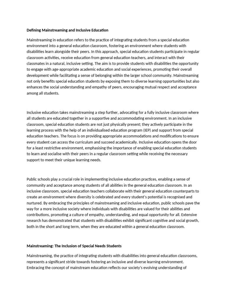 Inclusive Classroom & Mainstreaming Classroom | PDF | Inclusion (Education) | Special Education