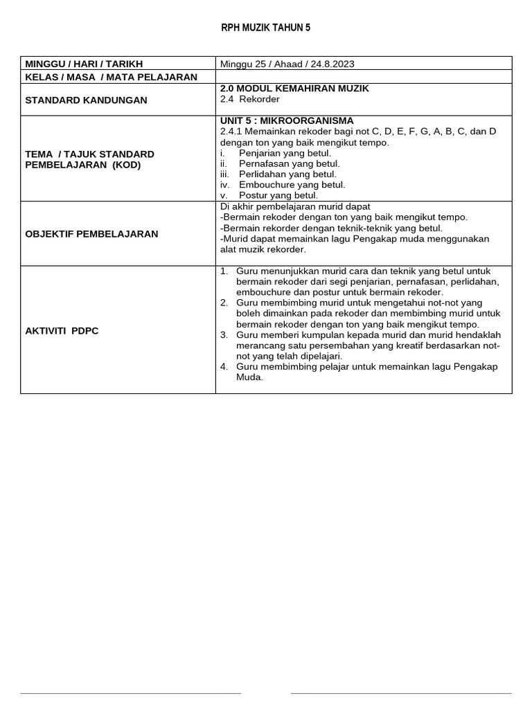 RPH Muzik Tahun 5 Minggu 5 | PDF