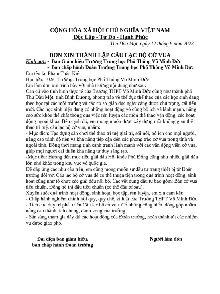 Đơn Xin T o CLB C Vua Trư NG VMĐ | PDF