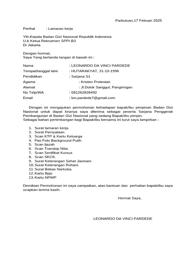 Surat Lamaran Sppi BGN 2025. | PDF