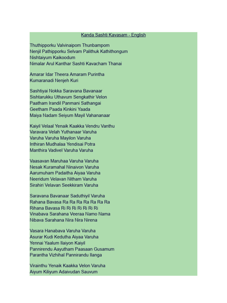 Kanda Sashti Kavasam - English | PDF