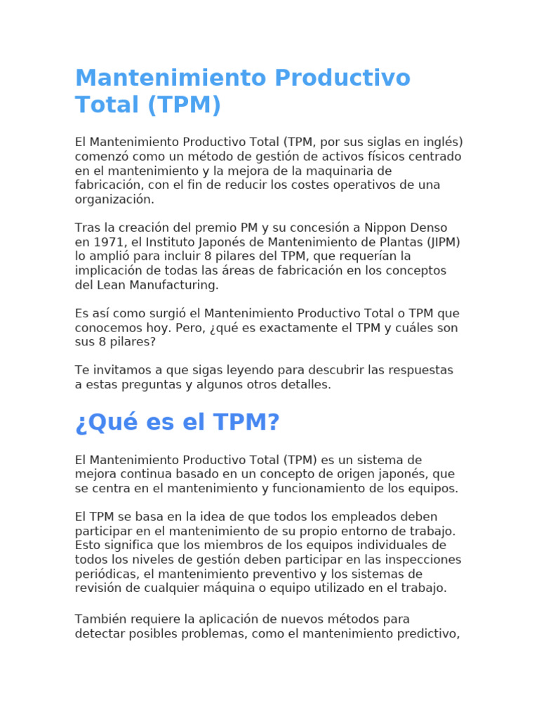 Mantenimiento Productivo Total (TPM) | PDF | Toyota | Business