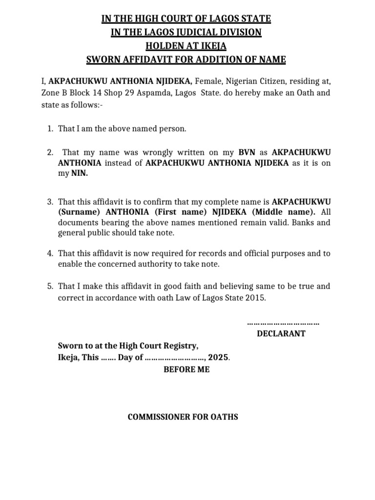 Affidavit for Name Correction in Lagos | PDF