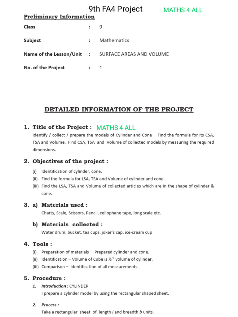 9th Fa4 Project [Maths 4 All] | PDF | Area | Volume