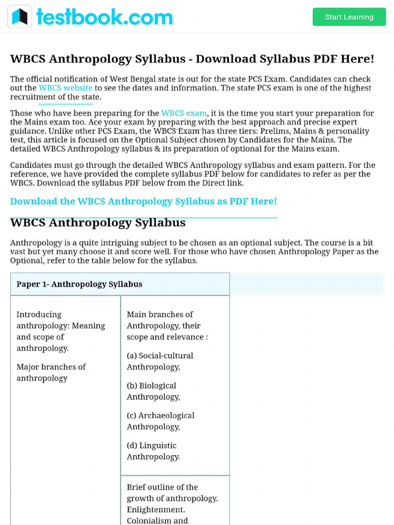 WBCS Anthropology Syllabus - Download Syllabus PDF Here! | PDF
