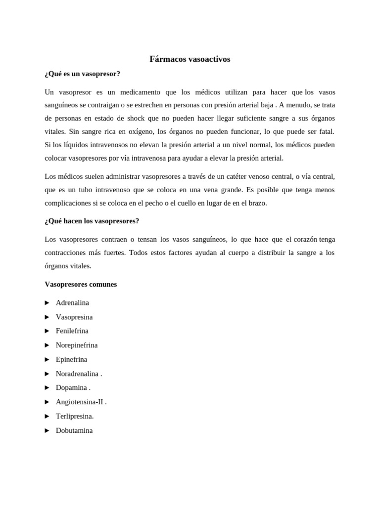 Fármacos vasoactivos | PDF | Medicina CLINICA | Fisiología