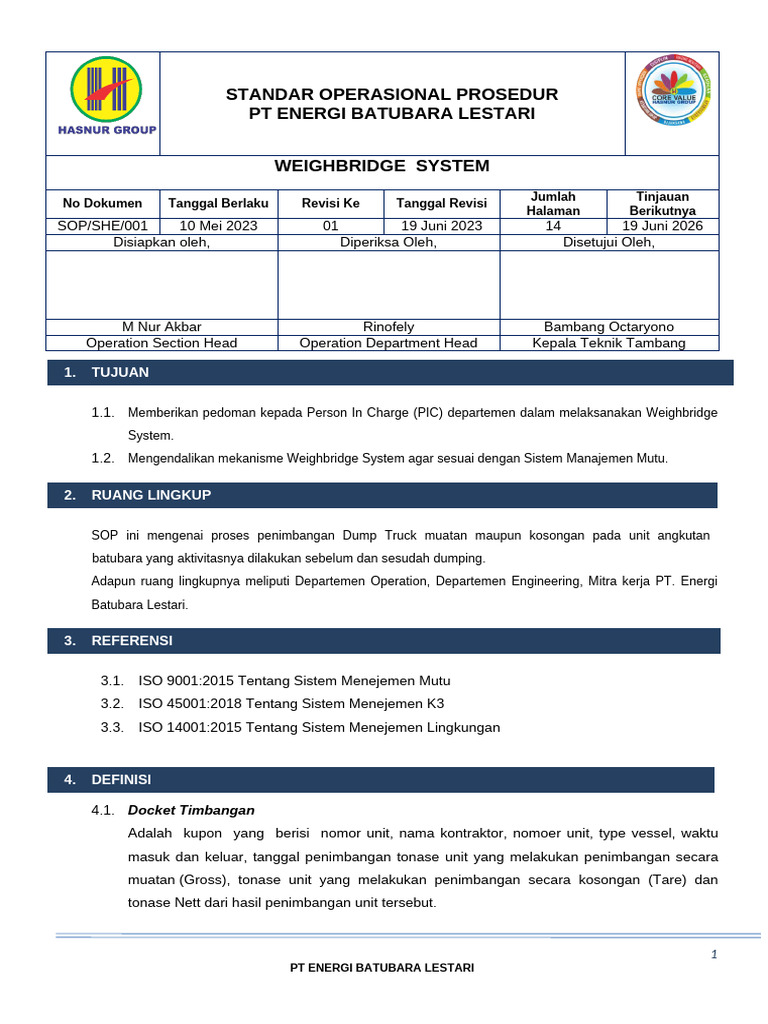 SOP Weighbridge EBL | PDF