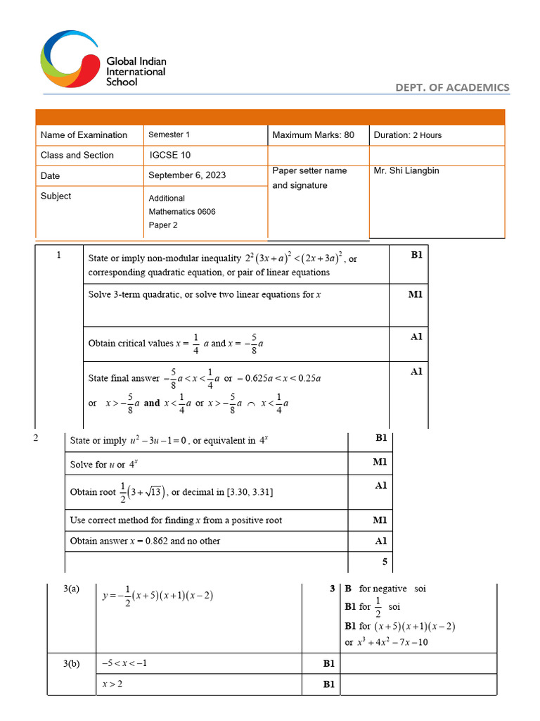 MS_10IG Additional Mathematics SEM 1 PAPER2 | PDF | Quadratic Equation | Elementary Mathematics