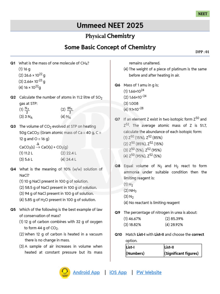 Some Basic Concept of Chemistry - DPP 01 - Ummeed NEET 2025 | PDF | Mole (Unit) | Chemical ...