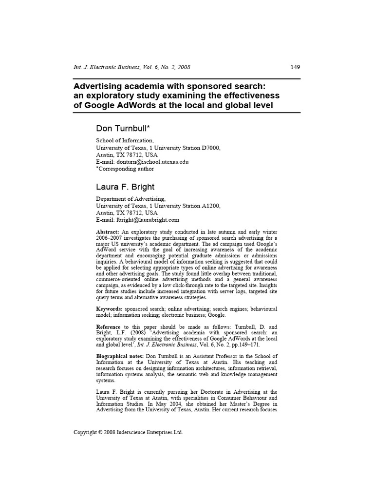 Advertising Academia With Sponsored Search: An Exploratory Study Examining The Effectiveness of ...