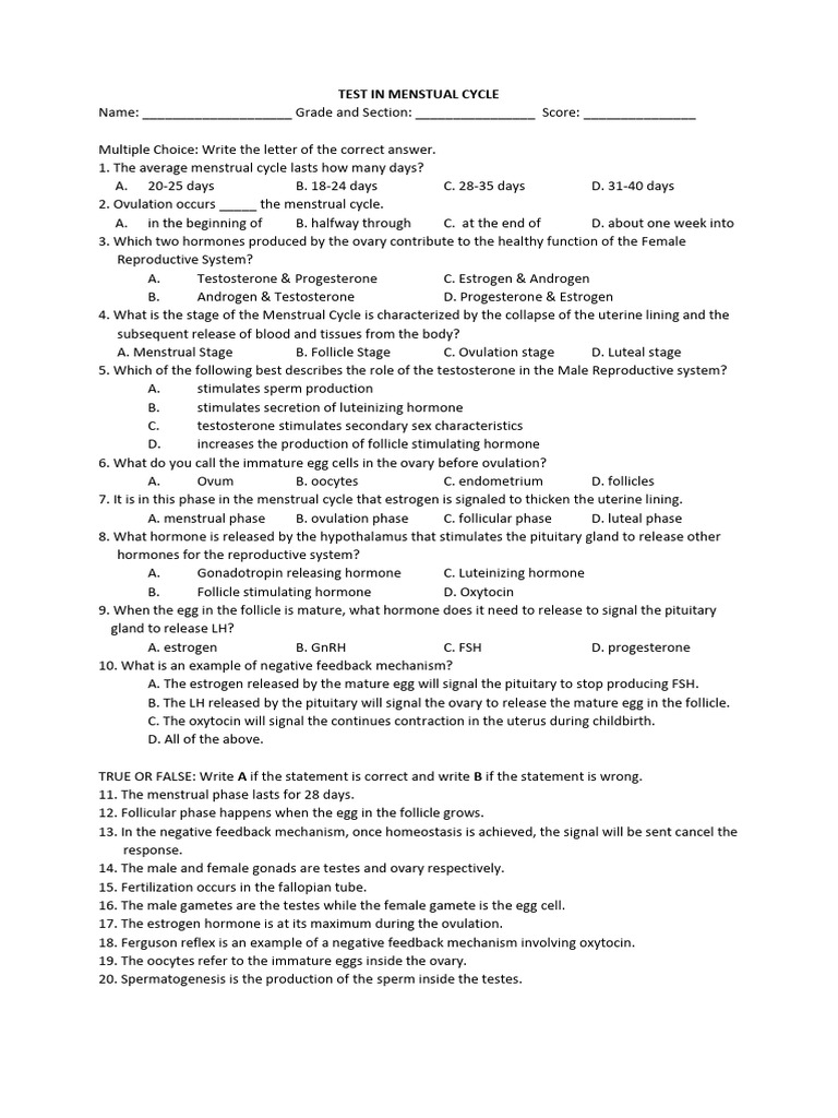 Menstrual Cycle Test Questions | PDF | Menstrual Cycle | Ovary