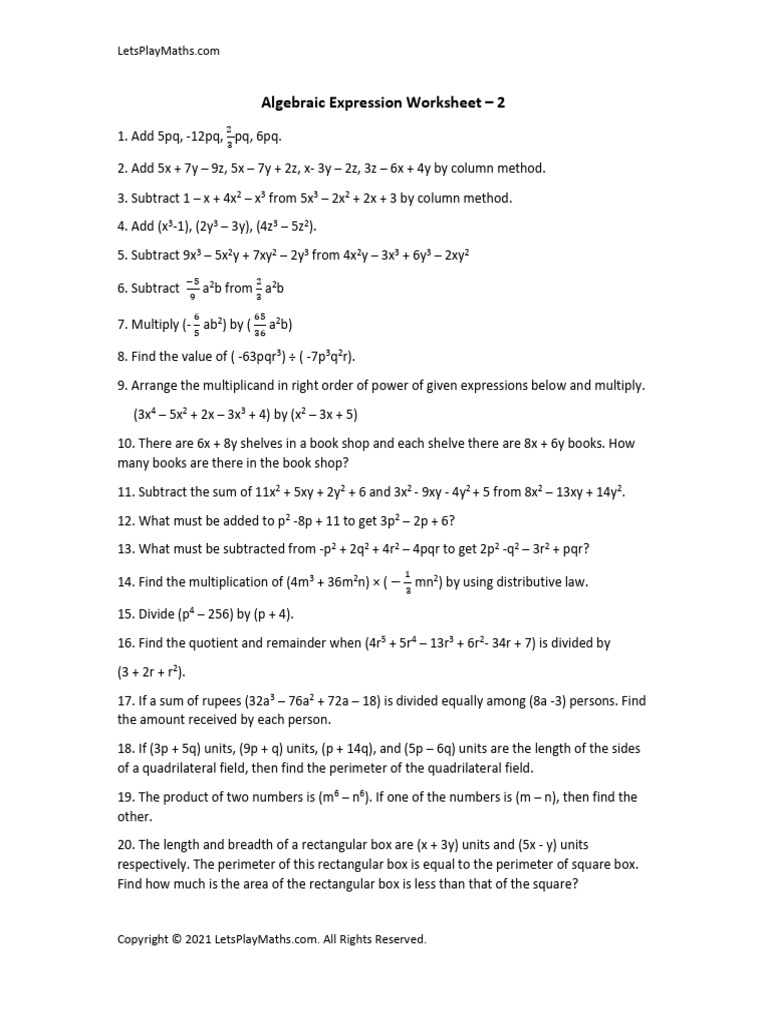 Class 8 Algebraic Expressions Worksheet 2 | PDF