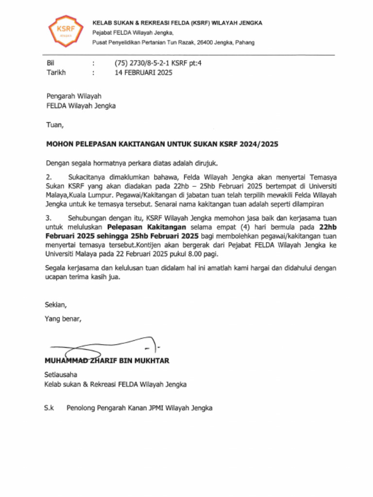 Surat Permohonan Pelepasan Sukan KSRF 2025 - Felda | PDF