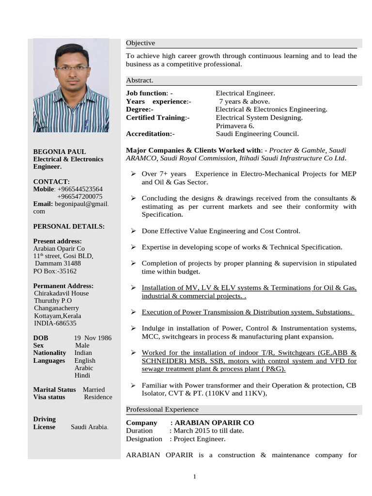 Electrical Engineer Resume: Begonia Paul | PDF | Specification (Technical Standard) | Electrical ...