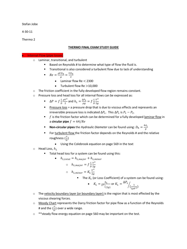 Thermo 2 Final Exam Study Guide (Answered) | PDF | Entropy | Reynolds Number