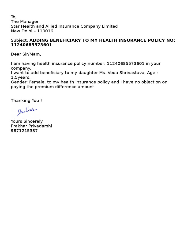 Star Health Adding Beneficiary | PDF