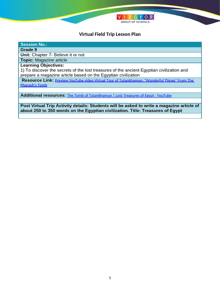 Virtual Field Trip: Egyptian Treasures | PDF