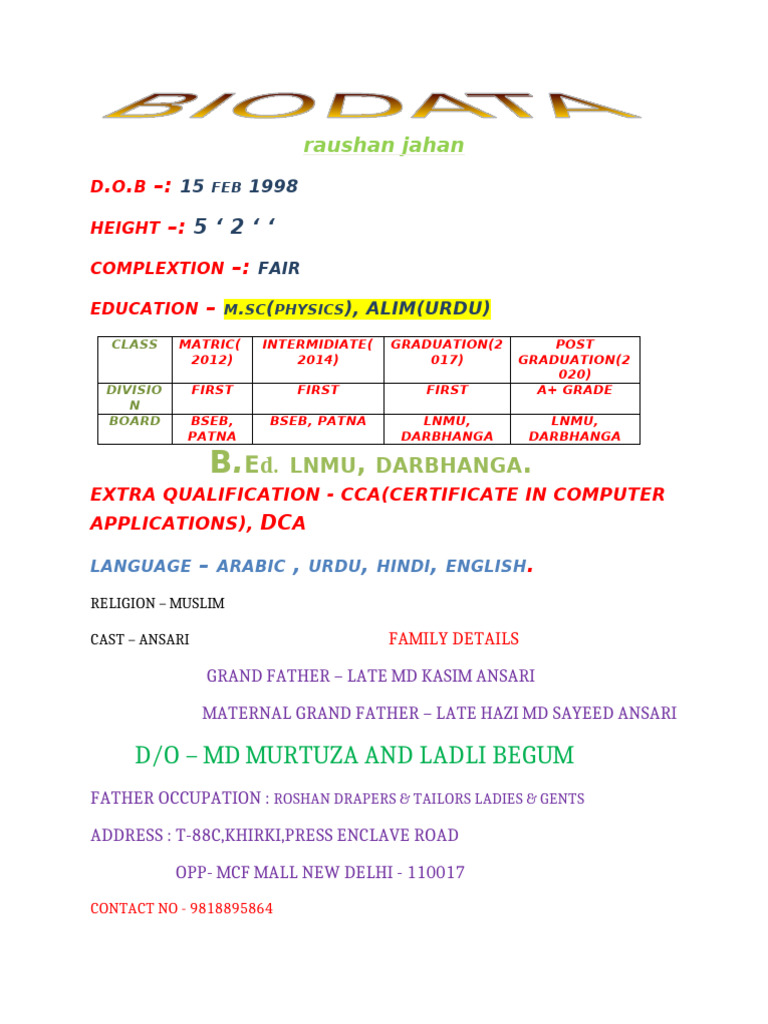 Raushan Jahan: Academic Profile & Background | PDF