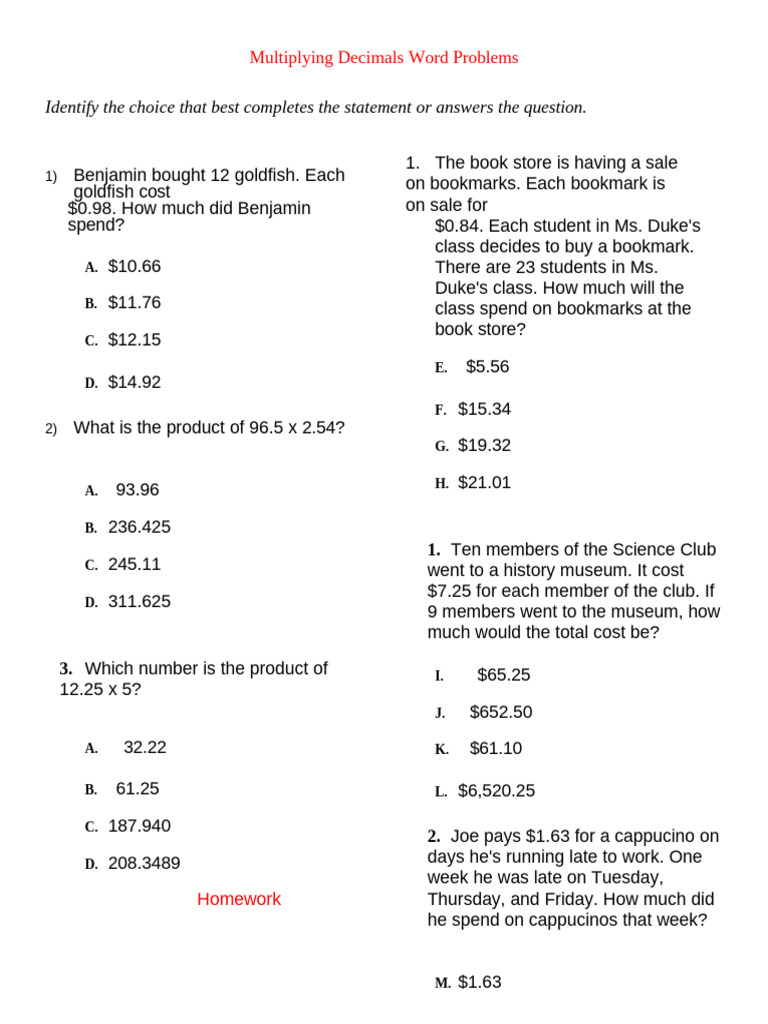 Multiplying Decimals Practice Problems | PDF