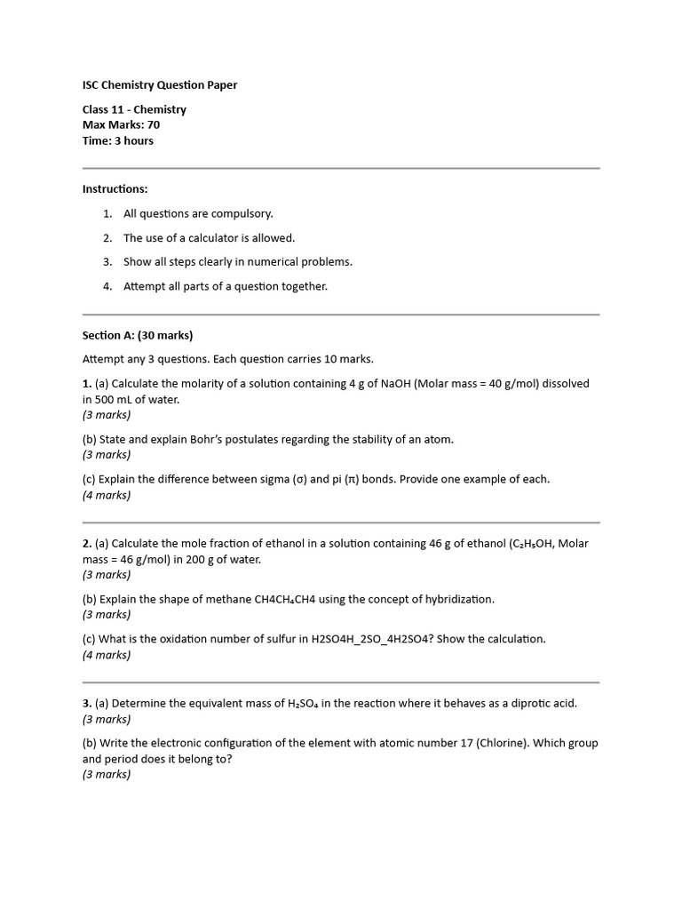 ISC Chemistry Question Paper | PDF | Chemical Bond | Mole (Unit)