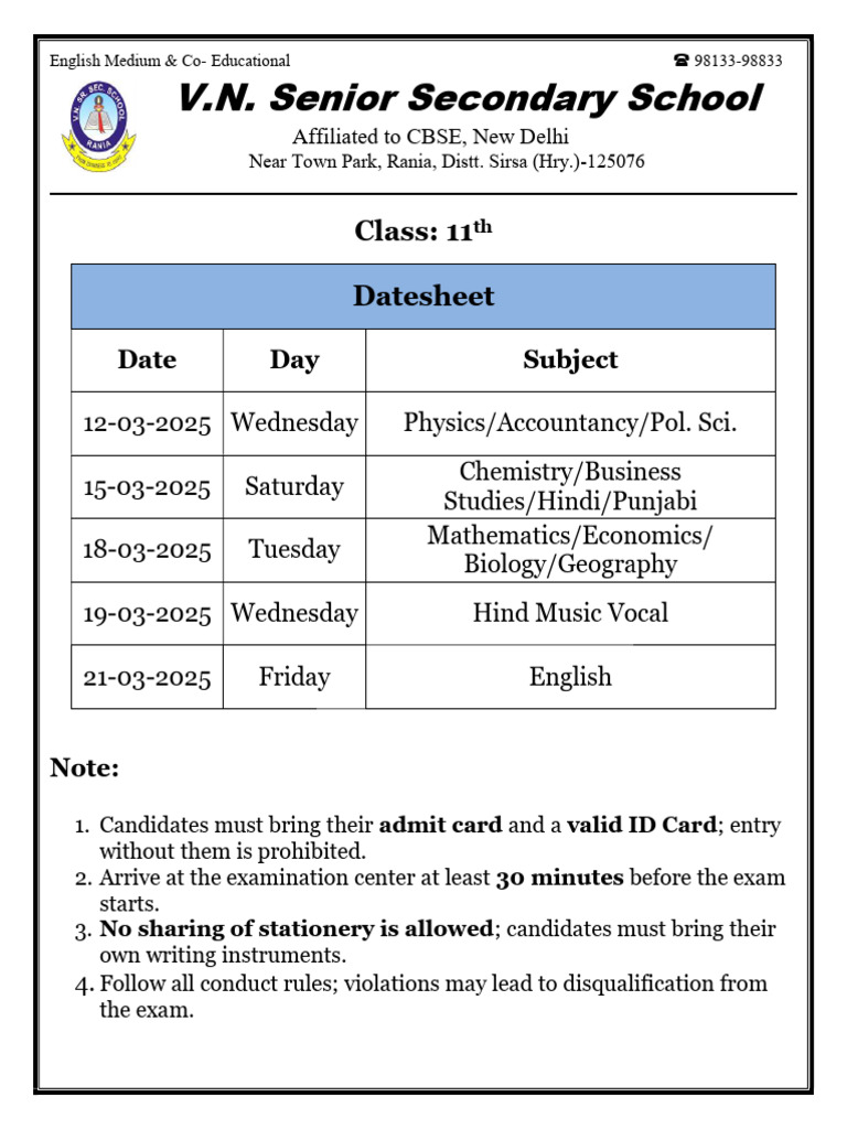 V.N. School Class 11 Exam Datesheet | PDF