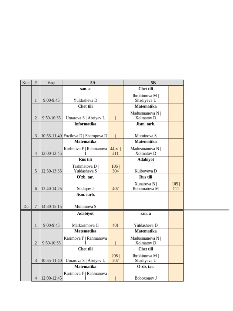 Dars Jadvali Yanvar | PDF