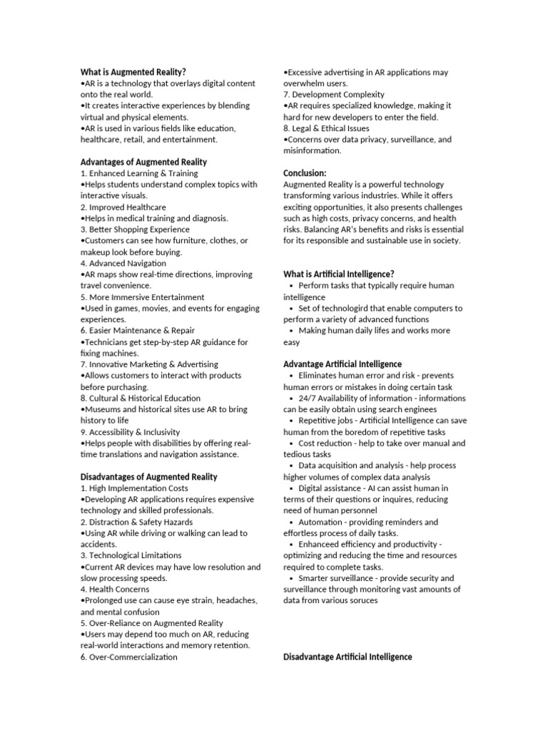 Advantages and Disadvantages of AR & AI | PDF | Augmented Reality ...