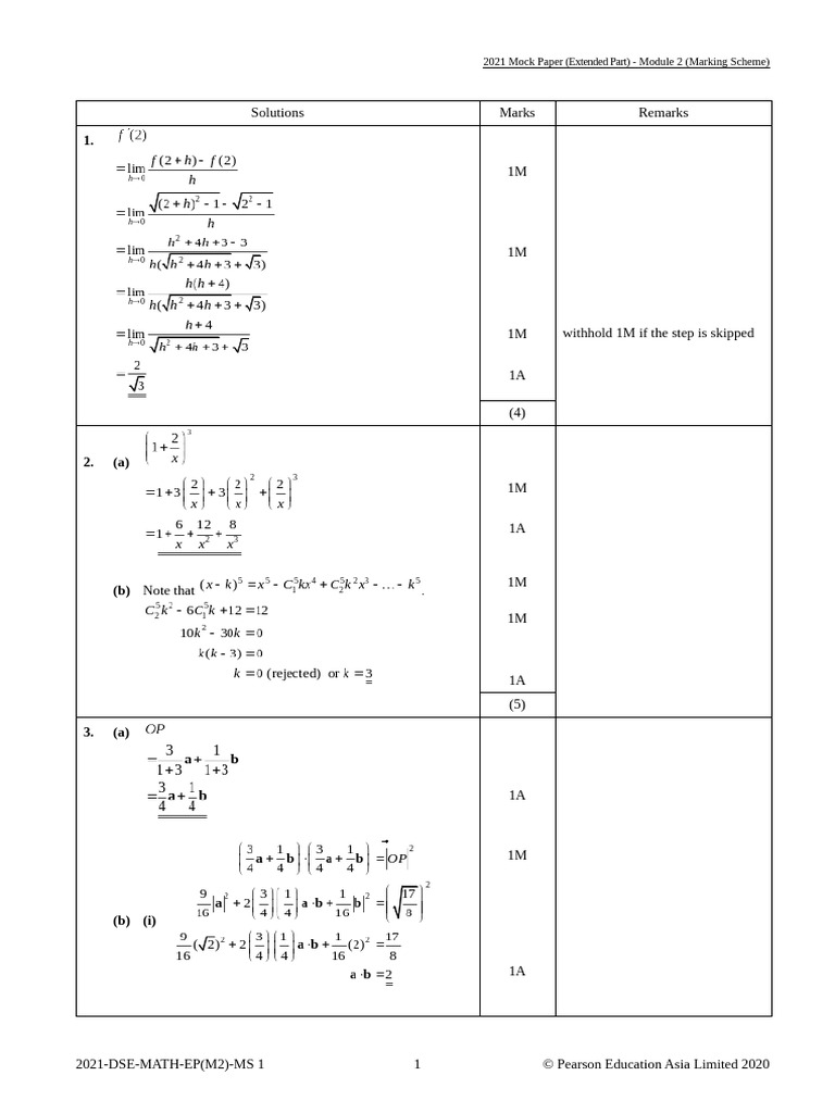 M2 Mock 2021 Marking | PDF | Mathematical Physics | Mathematical Concepts