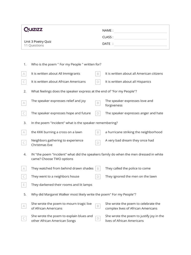 Unit 3 Poetry Quiz | PDF