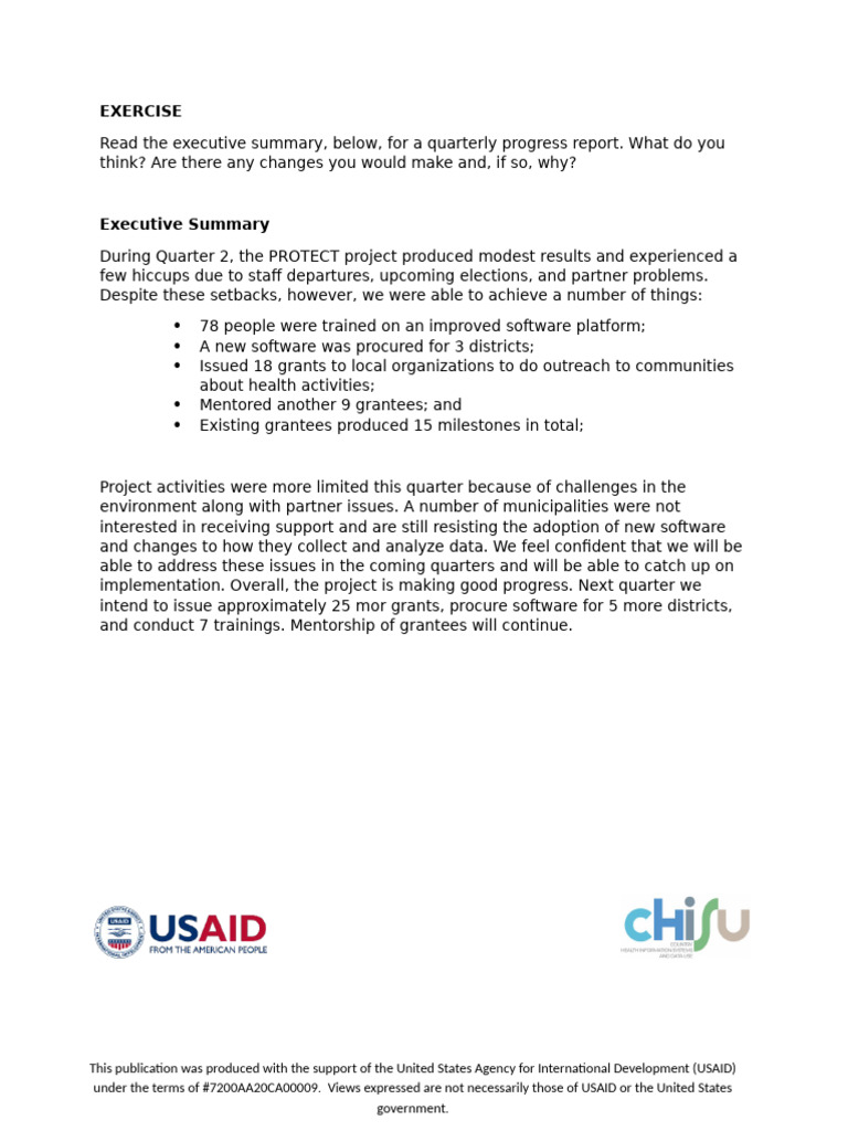 Progress Report Writing Exercise CHISU | PDF