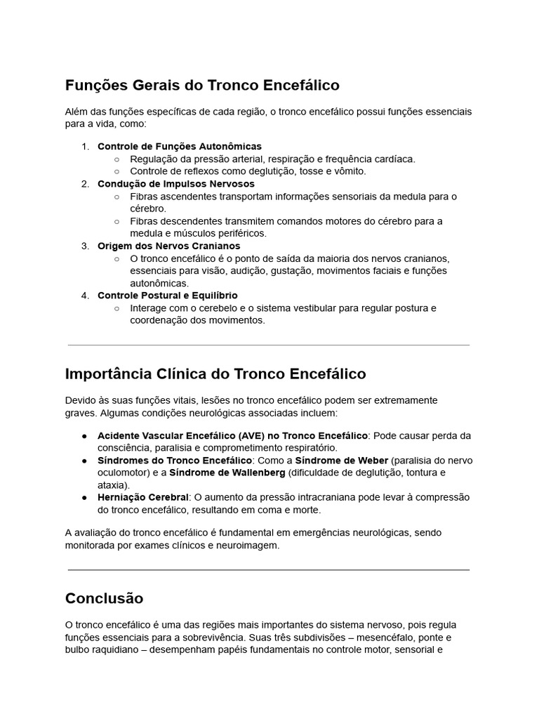 Funções Vitais do Tronco Encefálico | PDF