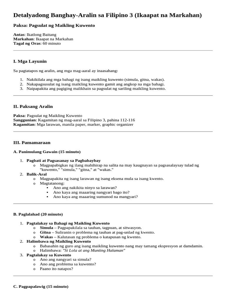Detalyadong Banghay Sa Filipino 3 | PDF