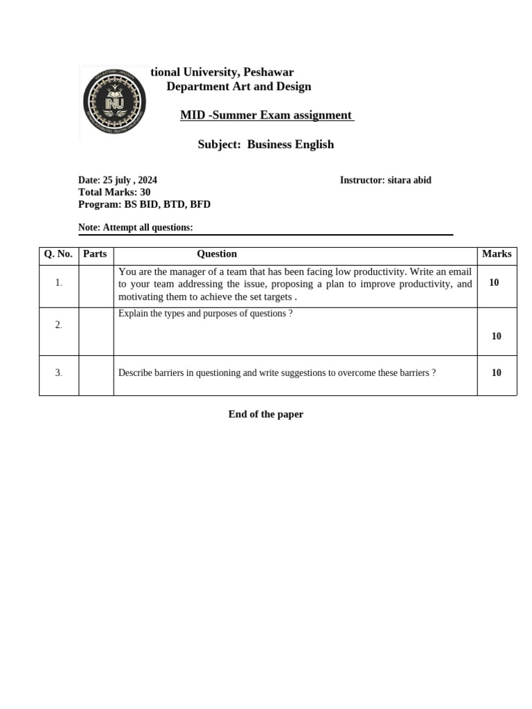 Business English Exam for Art Students | PDF