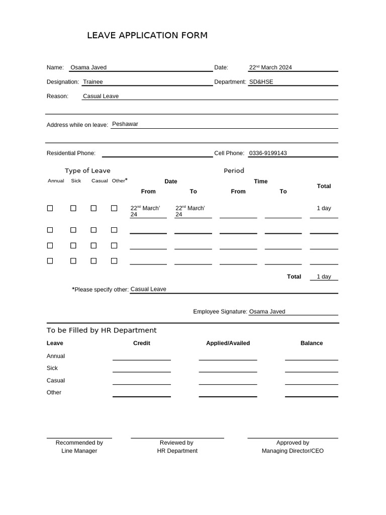 Leave Application Form | PDF