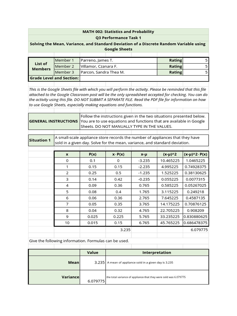 JAMES PARRE O - STEM AM & TVL MATH 002 Performance Task 1 Spreadsheet ...