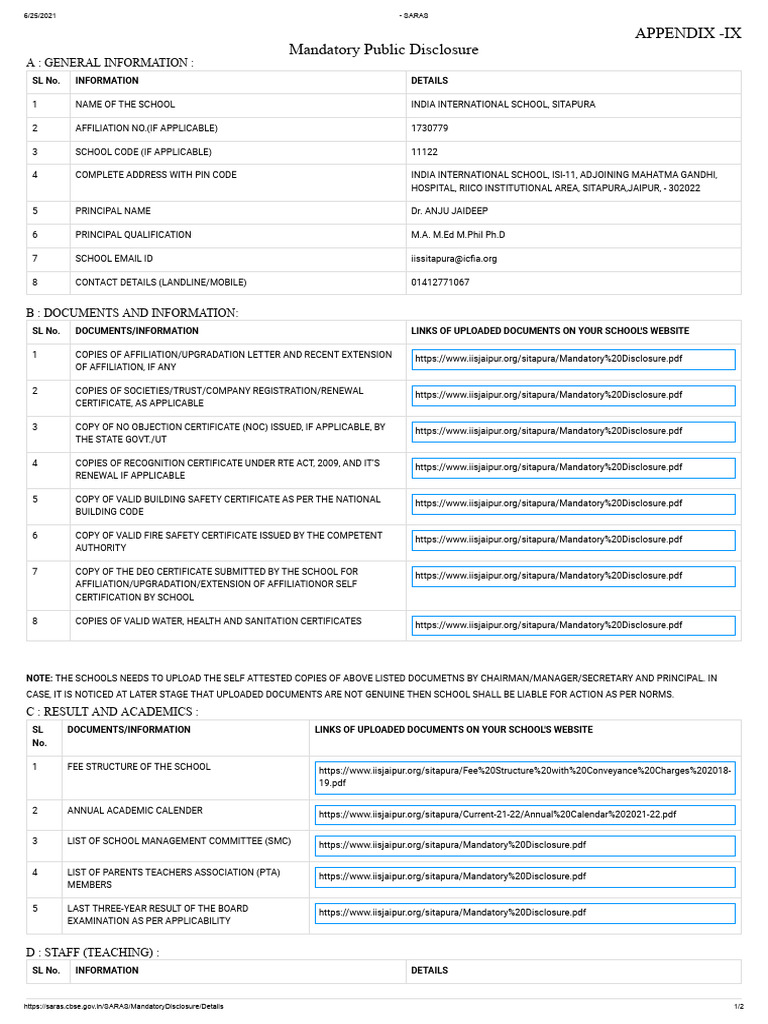 Mandatory Disclosure CBSE | PDF