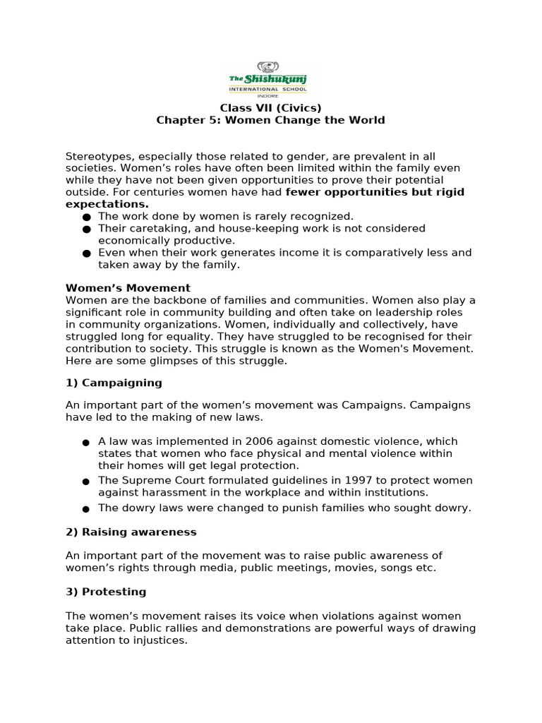 VII (Civics) Women Change The World | PDF | Literacy | Feminist Movement