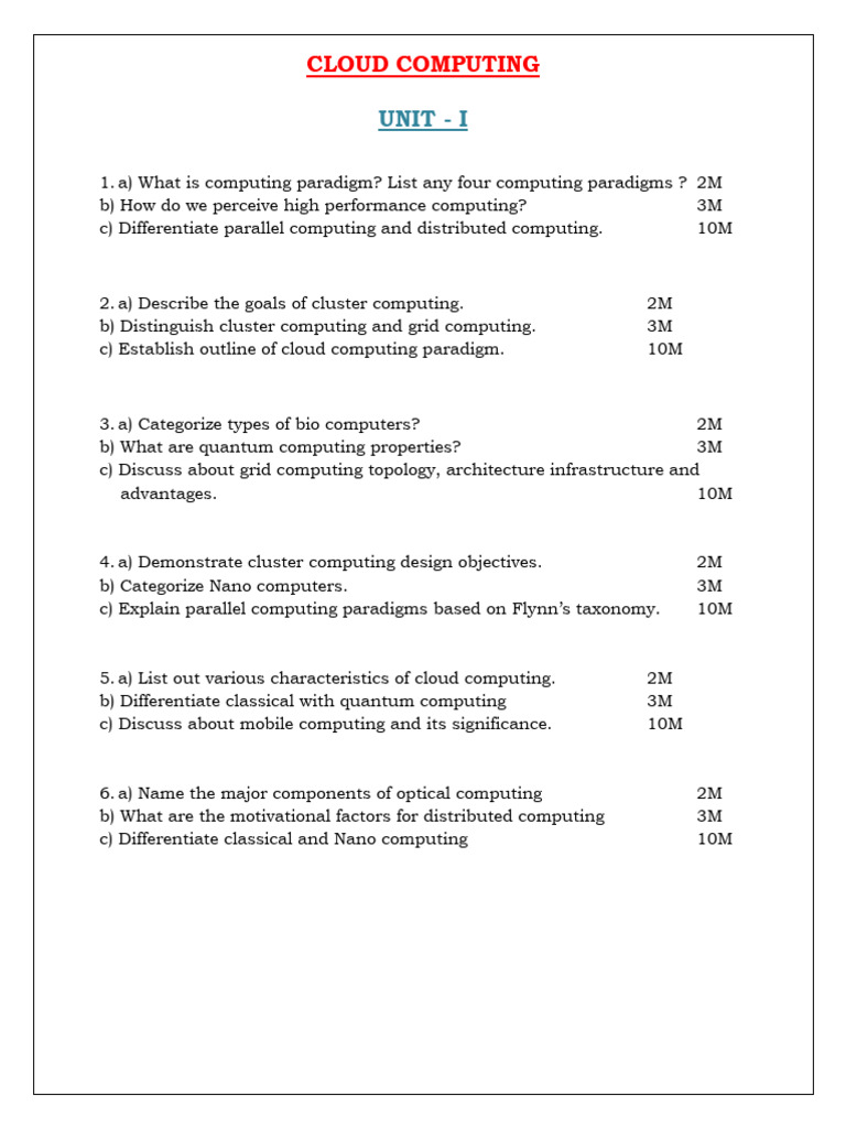CC UNIT - 1 Question Bank Answers | PDF | Software As A Service | Cloud Computing