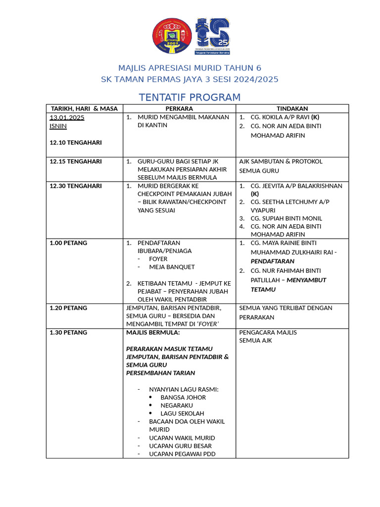 Tentatif Majlis Apresiasi Tahun 6 20242025 | PDF