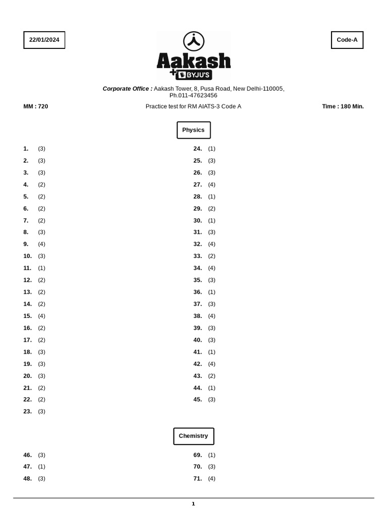 Practice Test For RM AIATS-3 Code A - Answer Key | PDF | Physical ...
