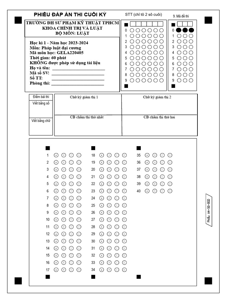 Phiếu đáp án THI PLDC- 40 CAU da sua STT | PDF