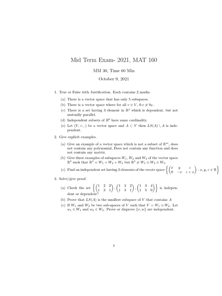Mid Term Linear Algebra | PDF
